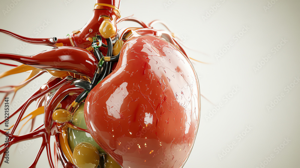 Detailed rendering of a human heart with visible arteries and veins ...