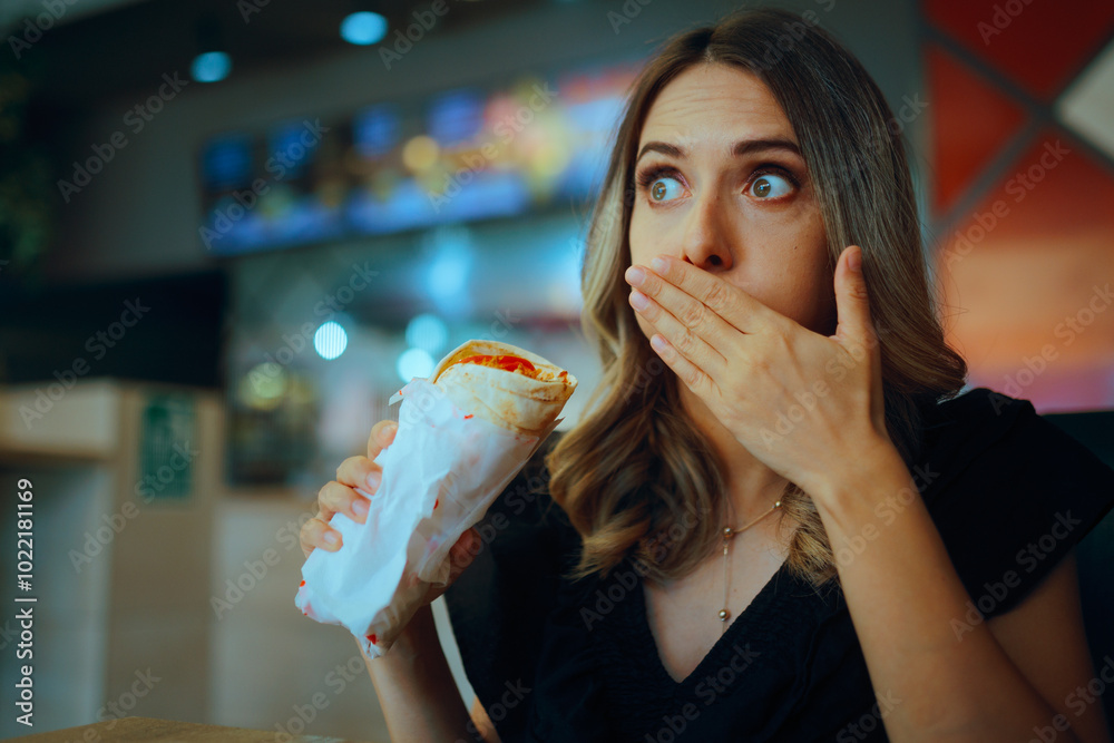 Restaurant Customer Covering her Mouth After Biting a Meal. Woman ...