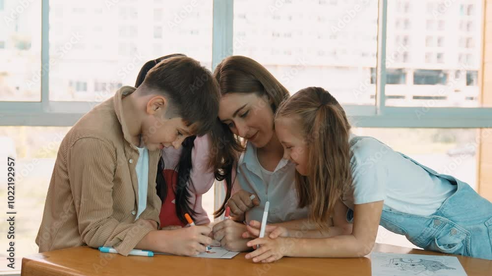 Panorama shot of happy diverse student and smart teacher drawing and ...