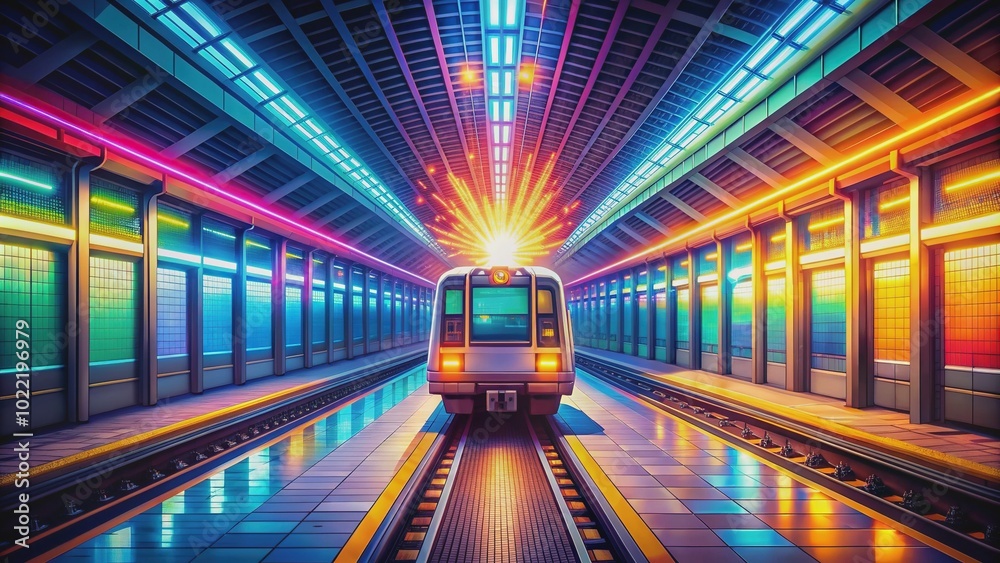 Vibrant pixel art depiction of an empty subway station as a train ...