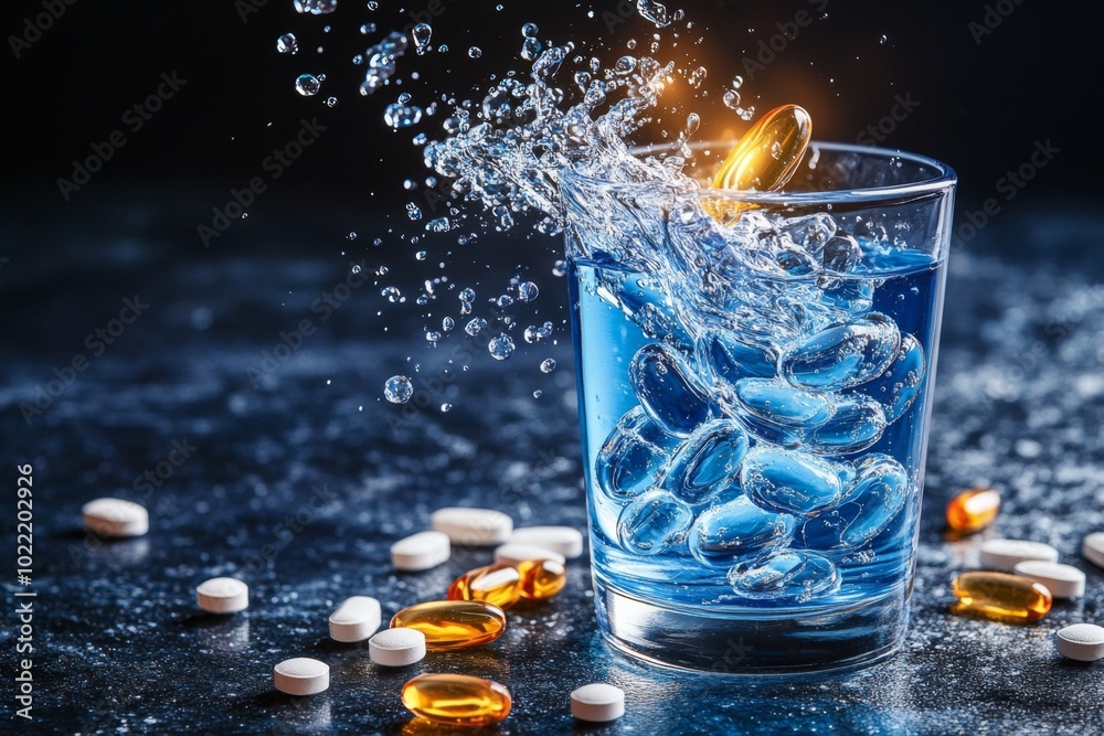 A magical scene where a health elixir made of swirling vitamin ...