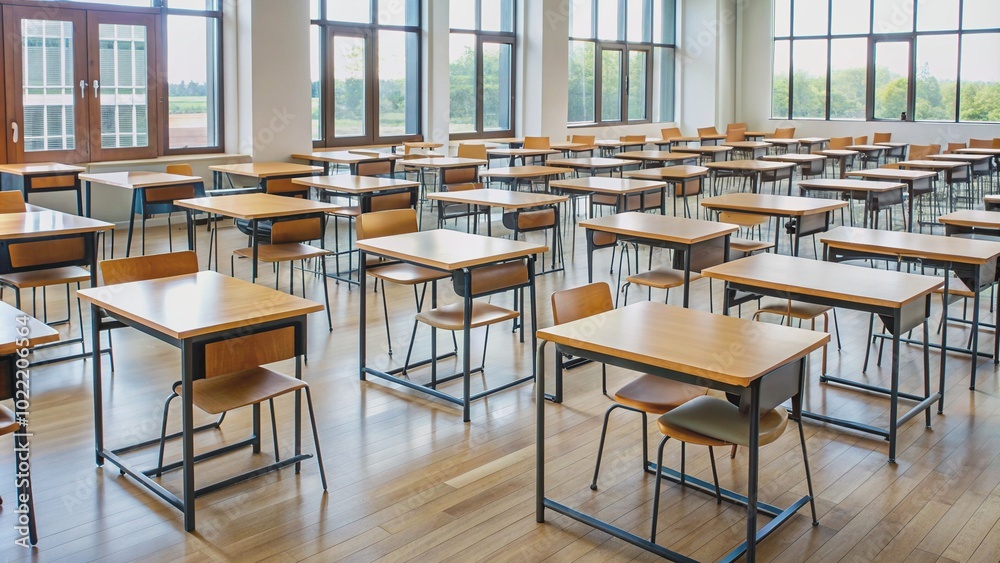 Rows of empty desks and chairs in a quiet classroom, with piles of ...