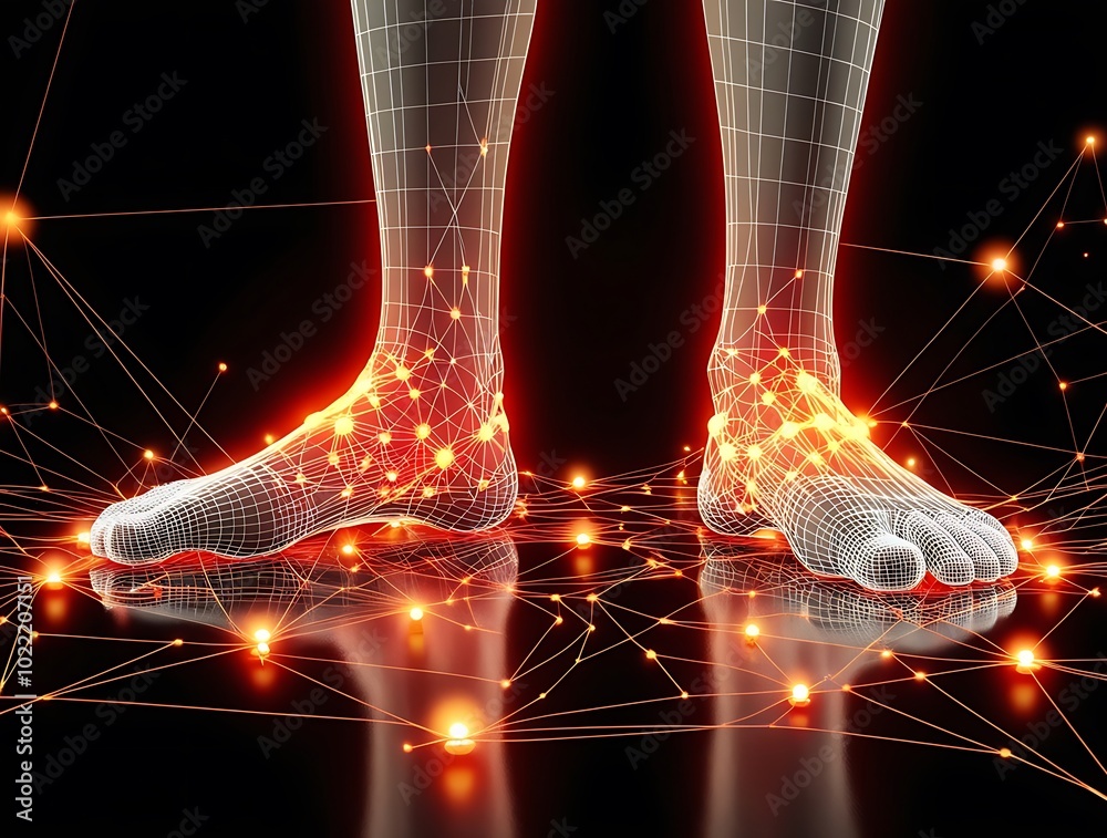 Glowing red nerve lines spreading from feet on dark gradient background ...
