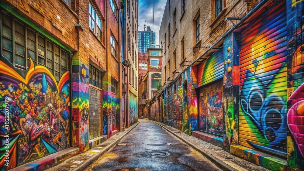 Vibrant colored graffiti murals cover walls of a narrow alleyway, with ...
