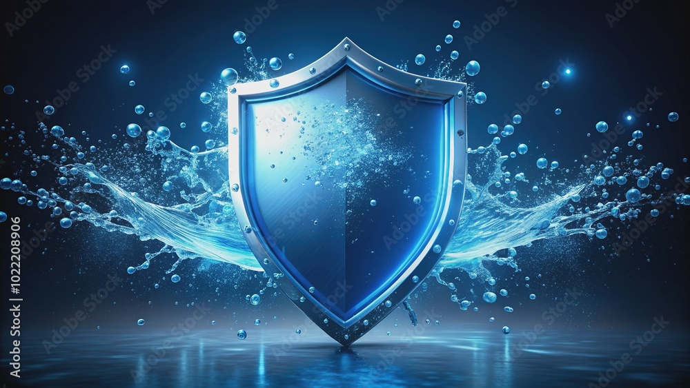 Sparkling blue shield splashed with water droplets, glistening with ...