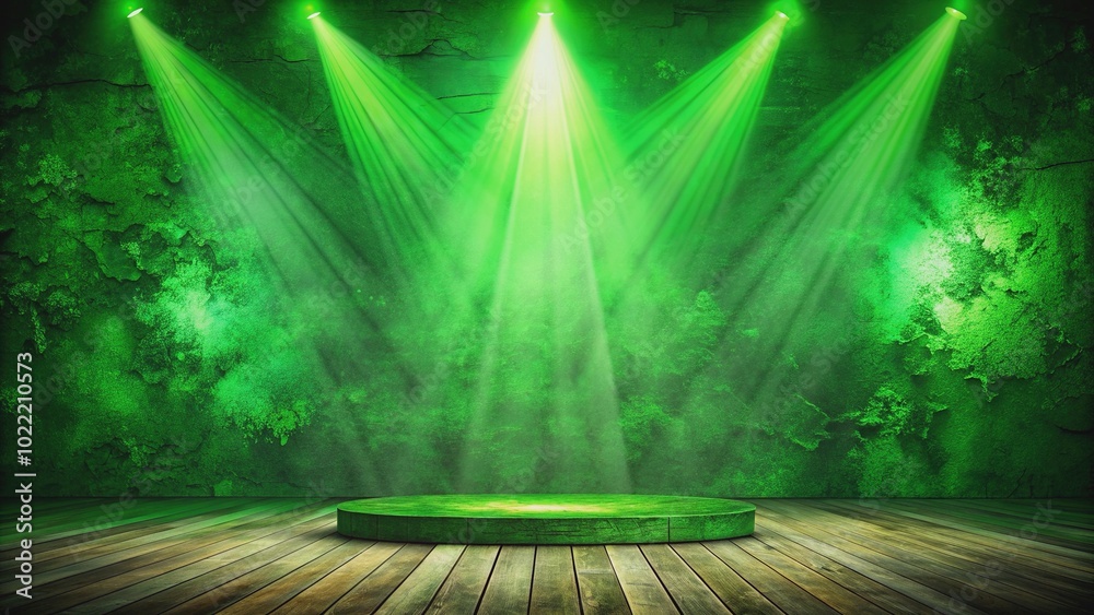 Vibrant green gritty spotlight shines down on a dramatic edge-lit stage ...