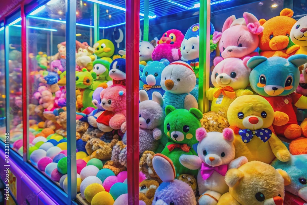 Colorful arcade claw machine overflowing with soft toys, including ...