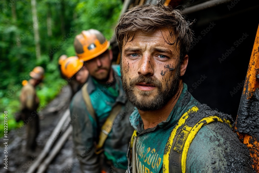 Miners emerging from a coal mine, covered in dust, showing the ...