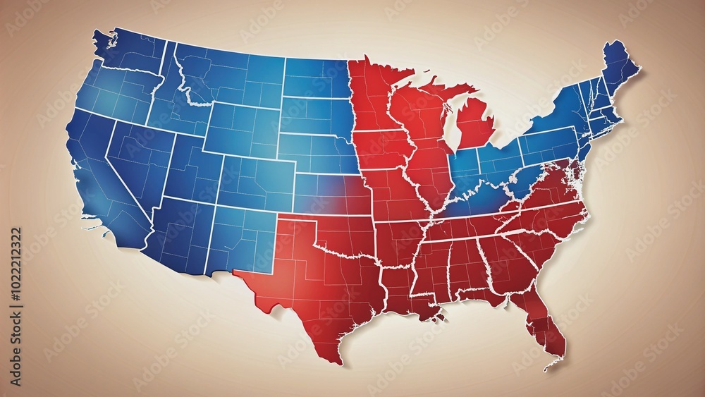 Vibrant map of the United States in red, white, and blue hues ...