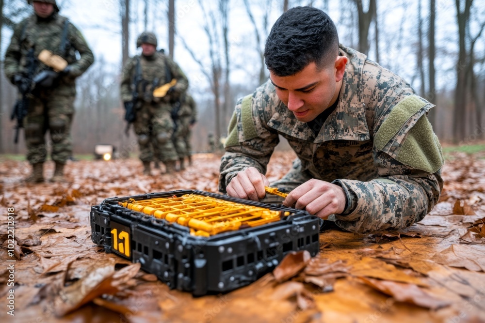 Soldiers in a military camp preparing equipment before deployment ...