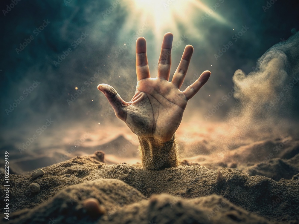 Dirt and dust enveloping a desperate hand grasping for air as it ...