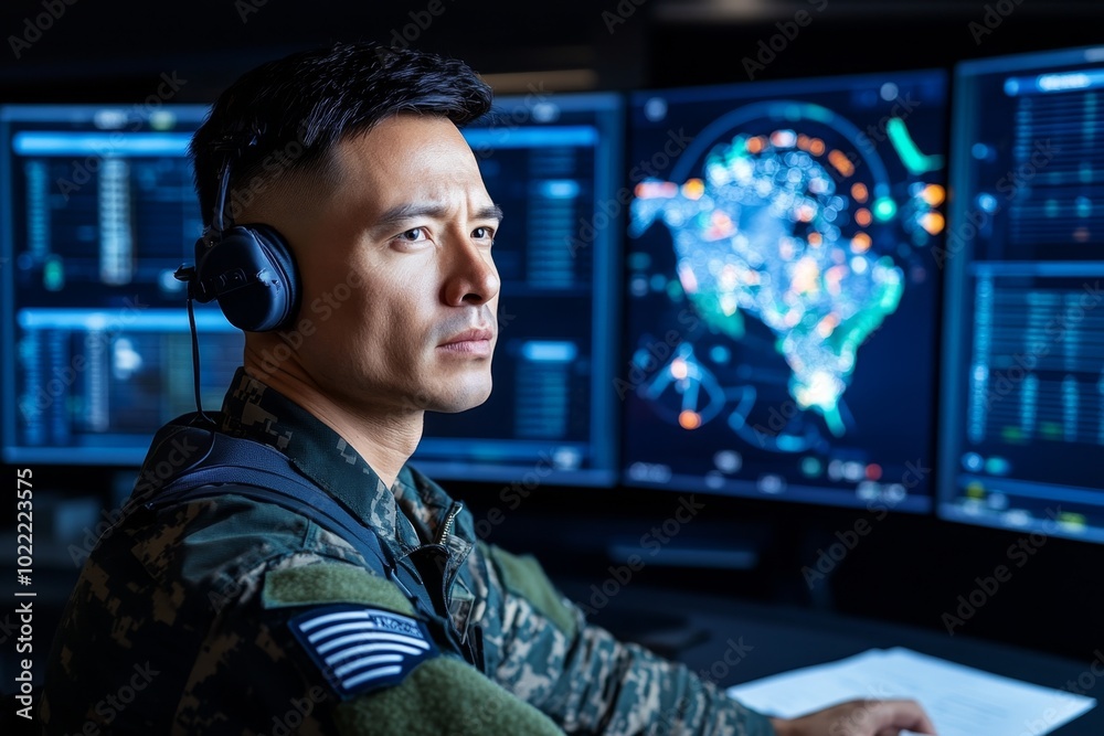 A military officer reviewing service reports in a command center, with ...