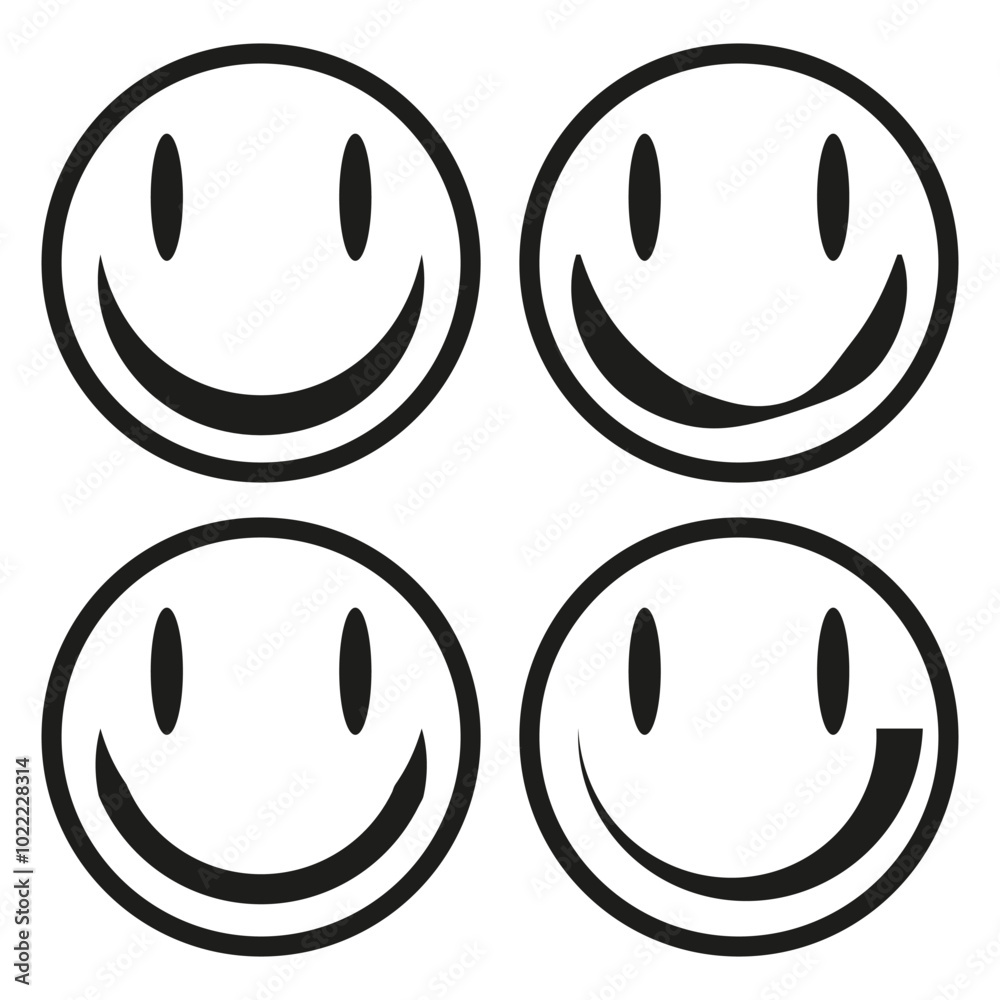 Smiley face icons. Bold black outline. Vector happy emoticons. Simple ...