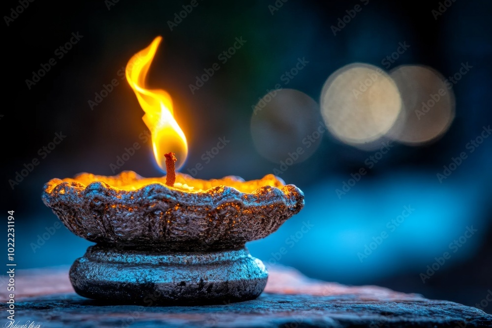 An extreme close-up of a diya flame, showing the texture of the wick ...