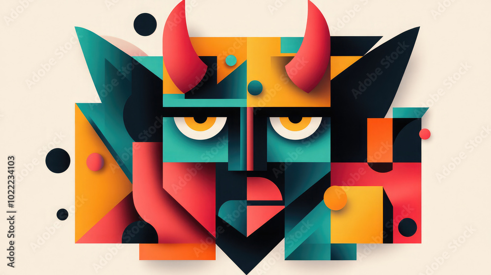 This artwork presents a devil in a geometric form, combining bold ...