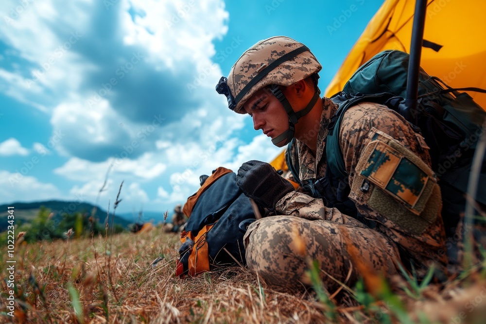 Soldiers in a military camp preparing equipment before deployment ...