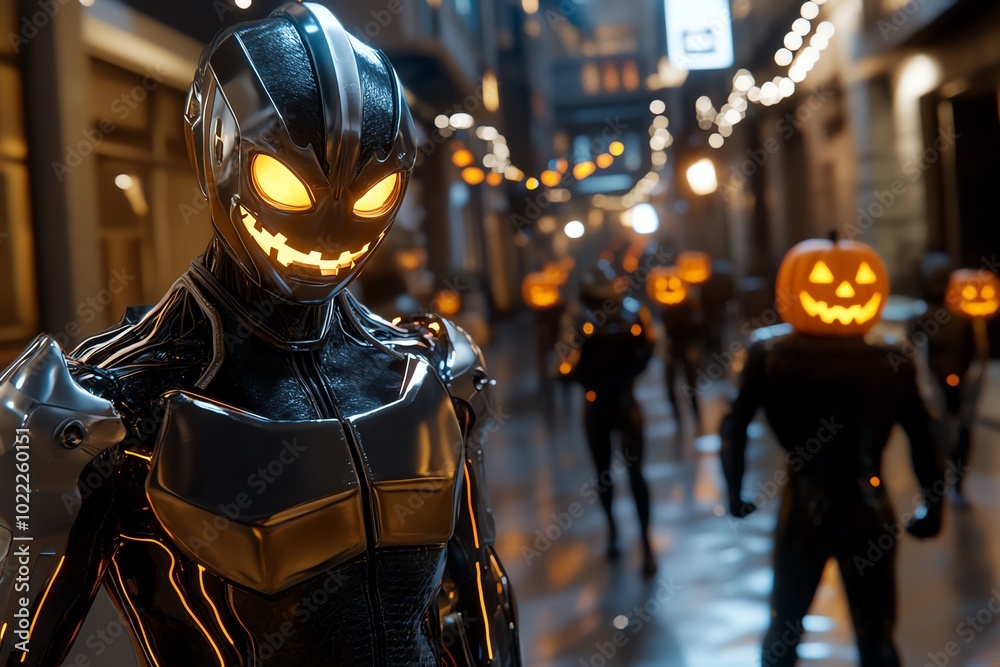 Futuristic depiction of a dark Halloween alley in a dystopian city ...