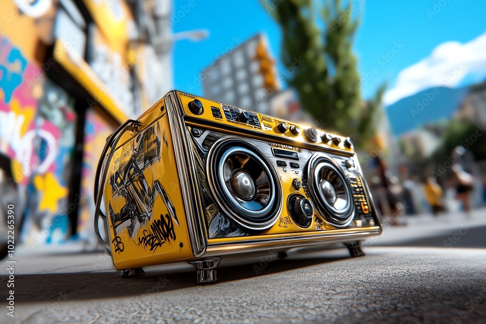 Hyper-realistic close-up of a boombox blasting music on a 1980s street ...