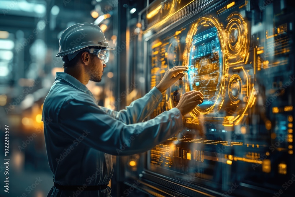 Very realistic and photographic photo of an engineer examining complex ...