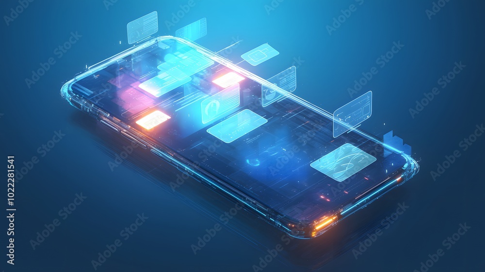sleek, transparent smartphone with a holographic display showing ...
