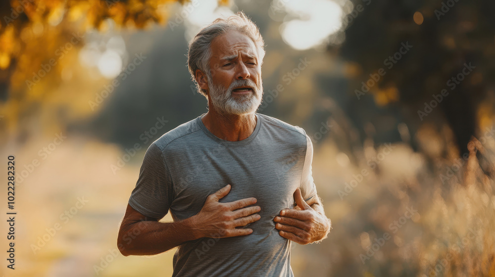 Senior man gripping his chest in pain while jogging, showing signs of ...