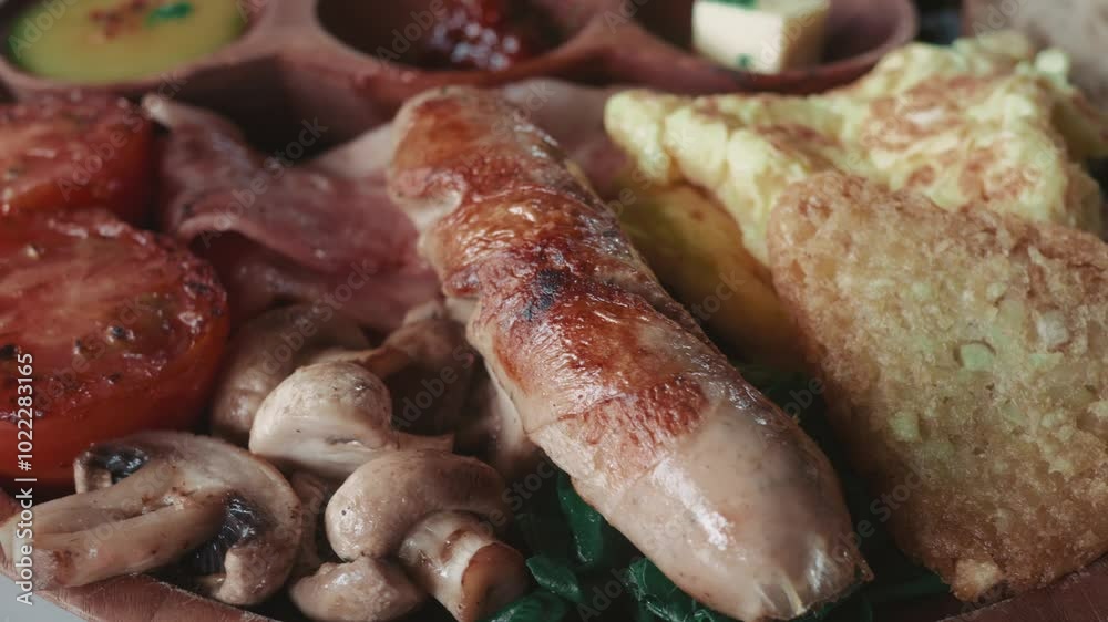 Classic morning indulgence plate of fresh English breakfast sits ready ...