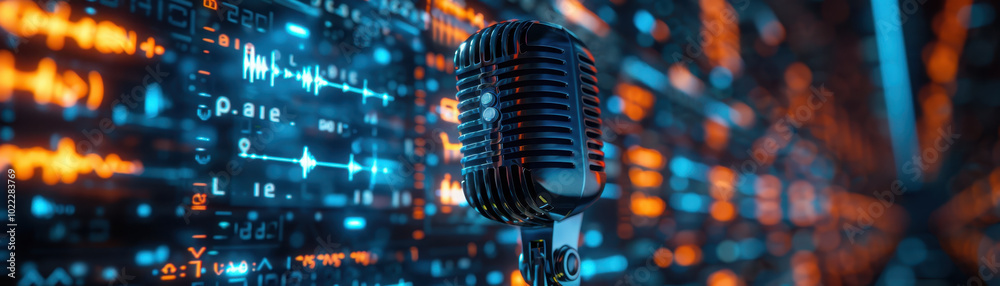 vintage studio microphone stands prominently against backdrop of ...