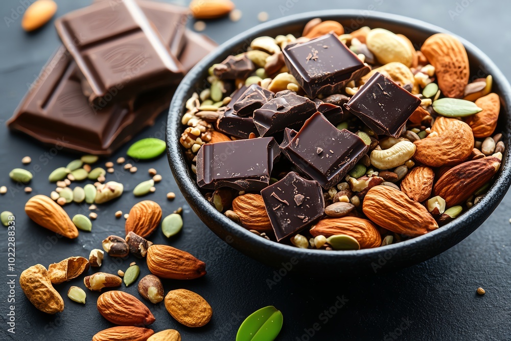 Realistic depiction of a variety of nuts, seeds, and dark chocolate ...