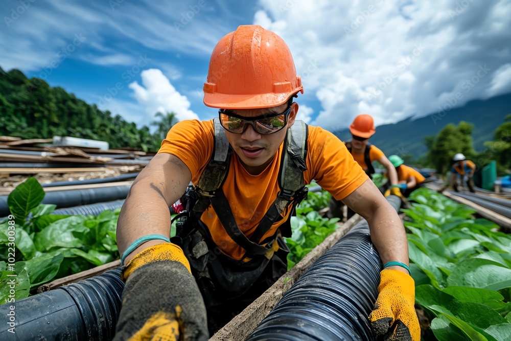 Realistic image of workers installing pipes for a new water supply ...