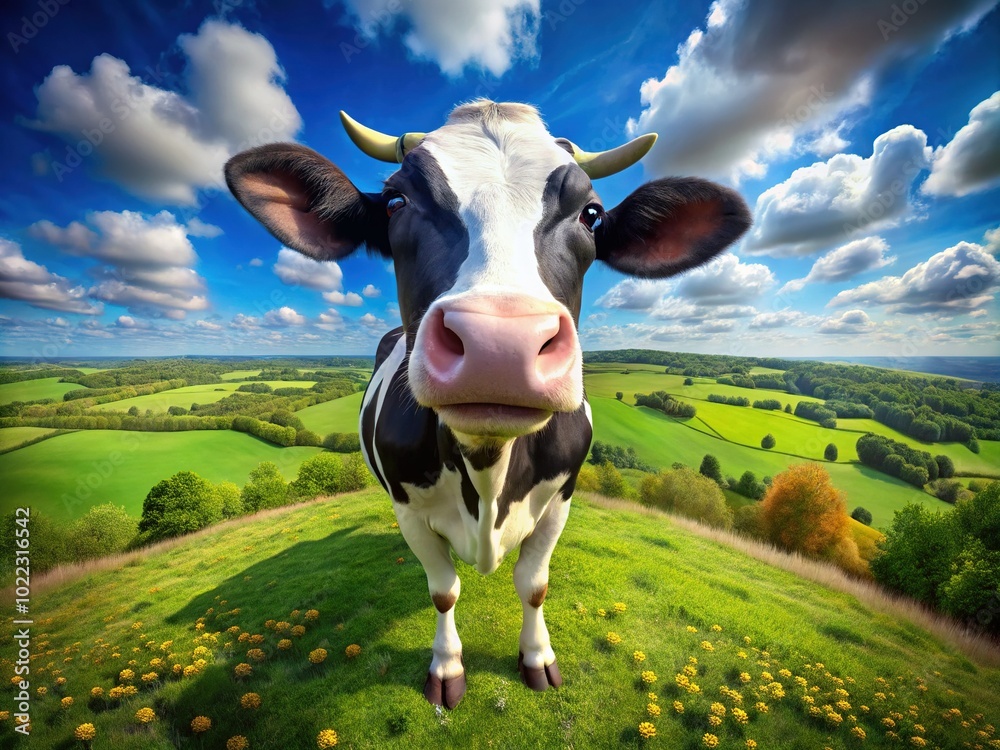 A delightfully animated 3D cow, black and white, stands with arms ...