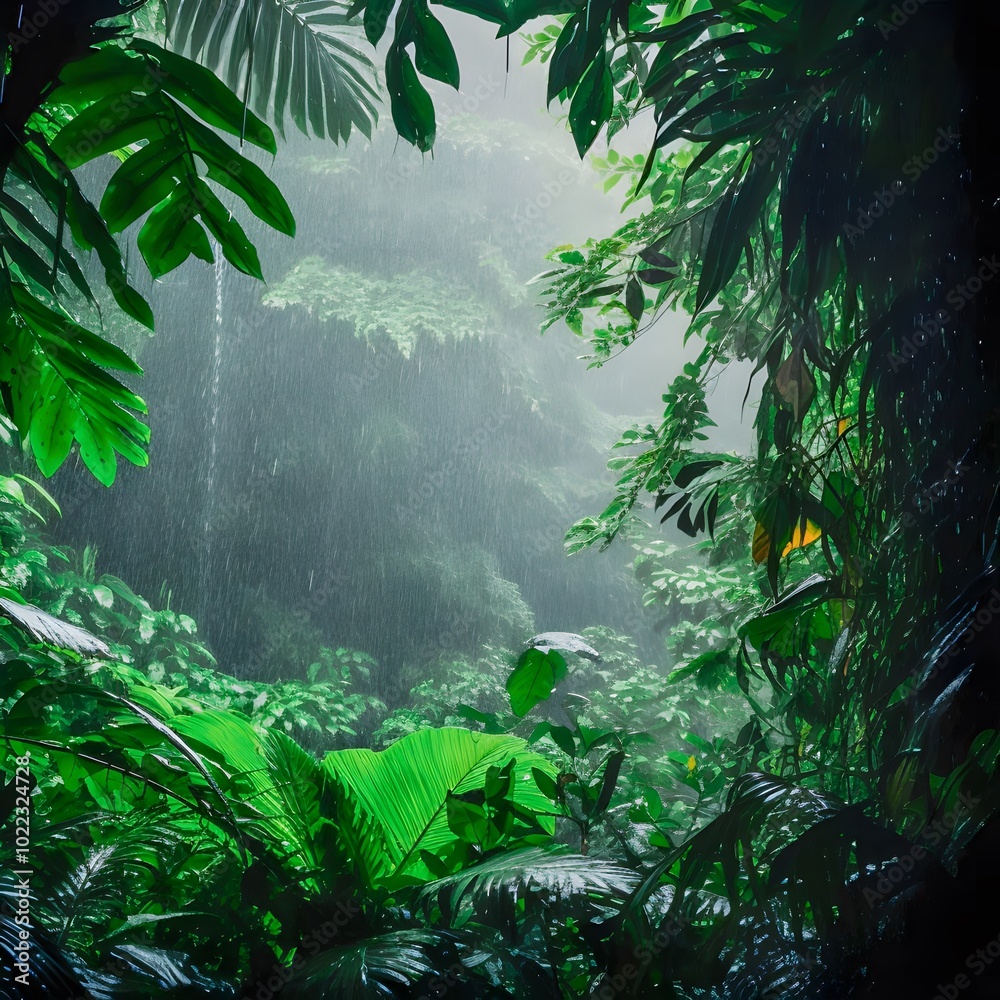 dense tropical jungle under a heavy rainstorm, large leaves glistening ...