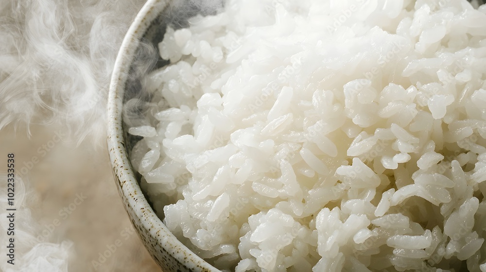 image of freshly cooked hot steamed rice in a ceramic bowl with visible ...