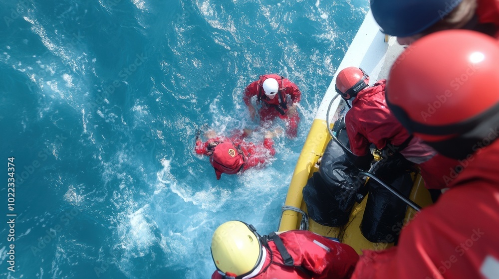 Rescue operation at sea, lifeguards saving individuals in water ...