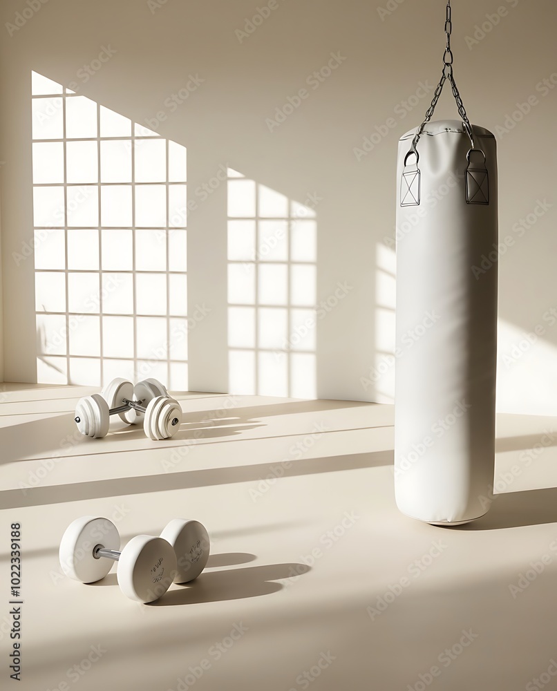 punching bag in a boxing gym. Dumbbell and boxing glove on a cream ...