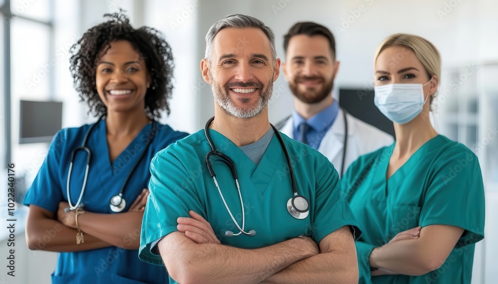 Diverse group of pharmacists collaborating behind pharmacy counter ...