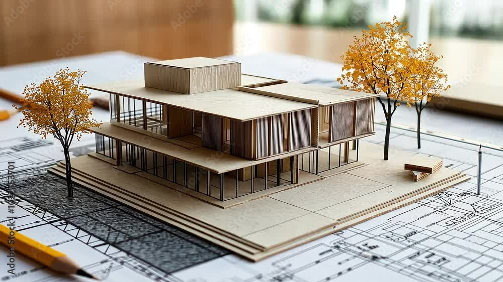 A detailed architectural model of a modern house displayed on ...