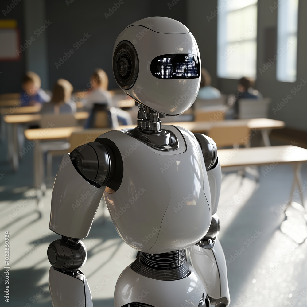 The Future of Education: A humanoid robot stands in a classroom, ready ...