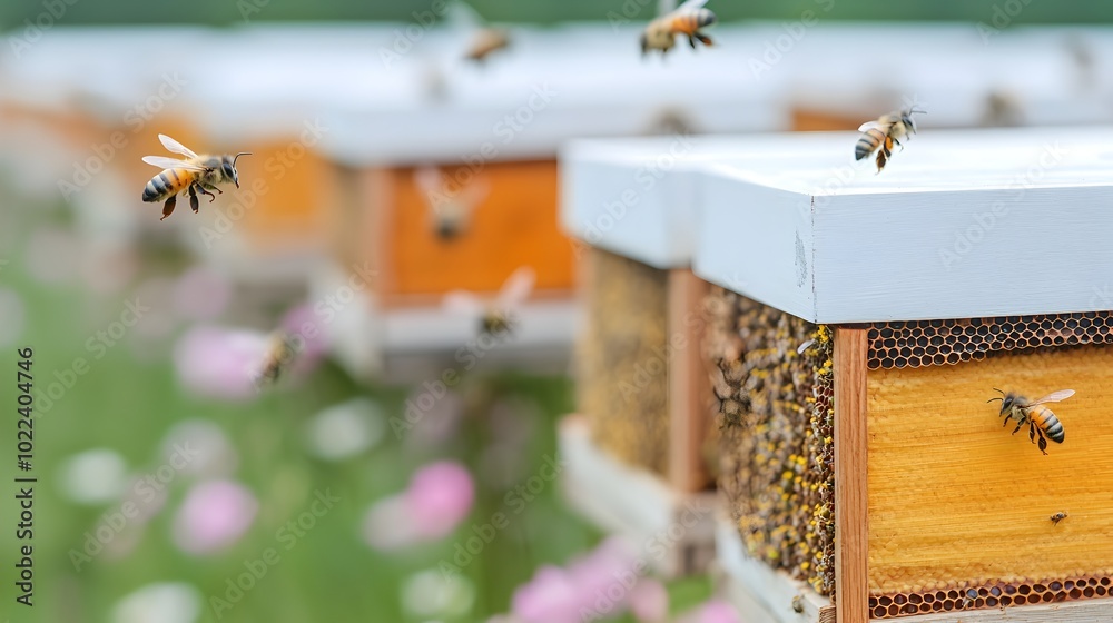 Peaceful beekeeping farm with rows of traditional beehives and swarms ...