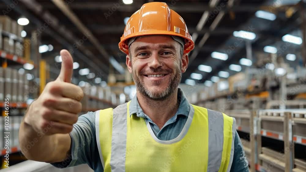 A cheerful factory worker wearing a hard hat and safety vest, giving a ...