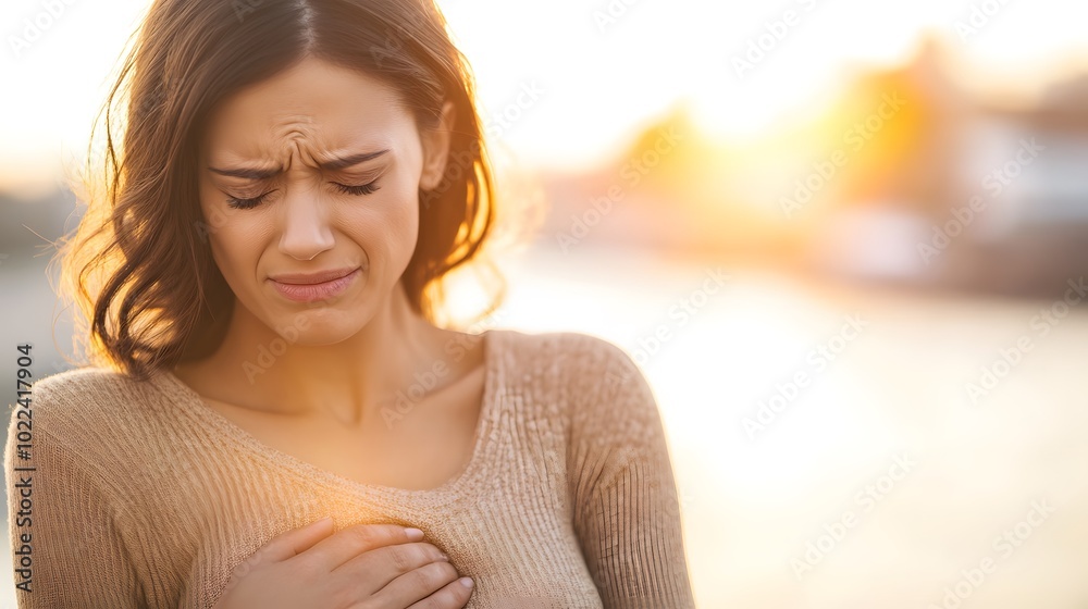 Woman in pain holding abdomen, struggling to find comfort in a moment ...
