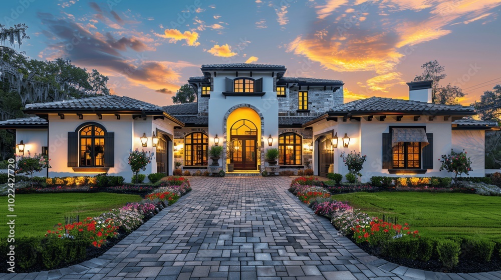 luxury Spanish colonial home with white stucco walls black shutters ...
