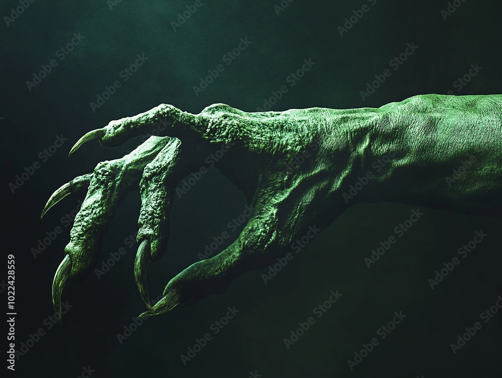 2408 56.A sinister green monster hand with long, sharp nails reaching ...