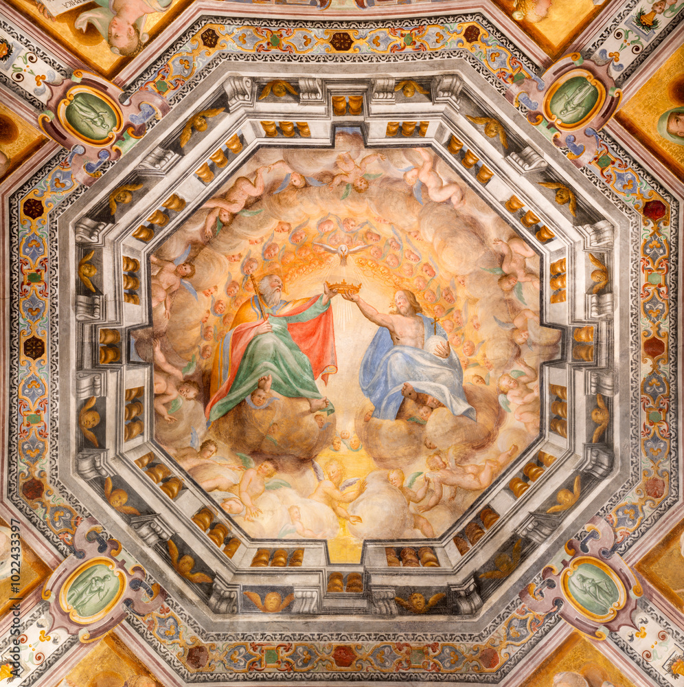 PAVIA, ITALY - SEPTEMBER 8, 2024: The detail fresco of Holy Trinity as ...