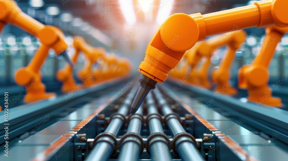 A sleek, welllit factory with advanced robotics and a smooth production ...