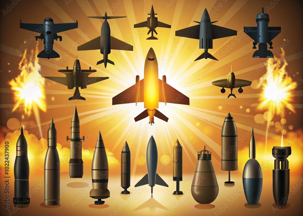Military Aviation Bombs and Explosions Icon Set for War Symbols Stock ...
