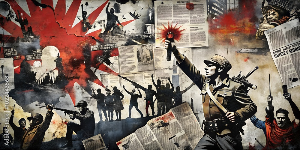 Street art and newspaper collage depicting revolution and confrontation ...