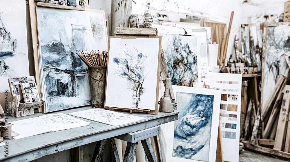 A collection of abstract art paintings in various stages of completion ...