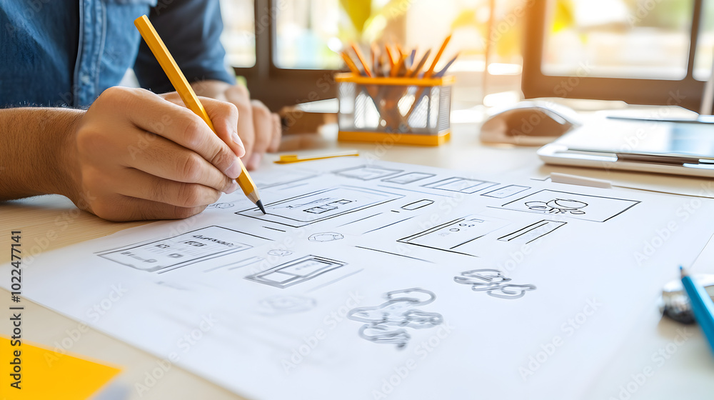 Man is working on ui ux design project. Designer drawing scetch in ...