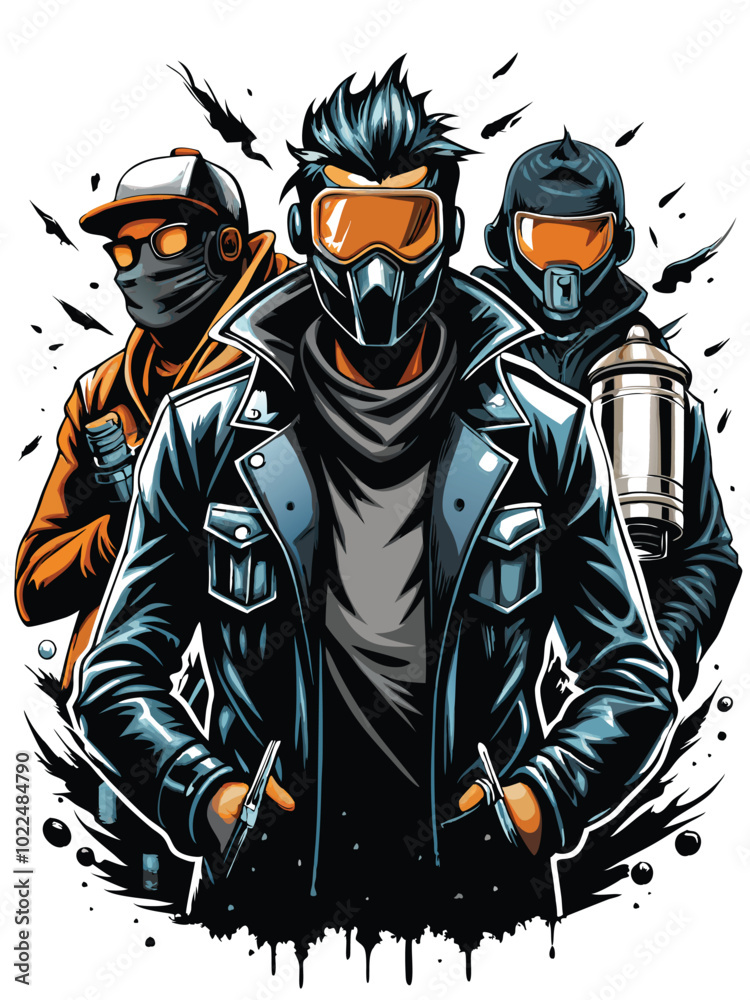 Three anime street gang members wearing leather jackets, gas masks, and ...