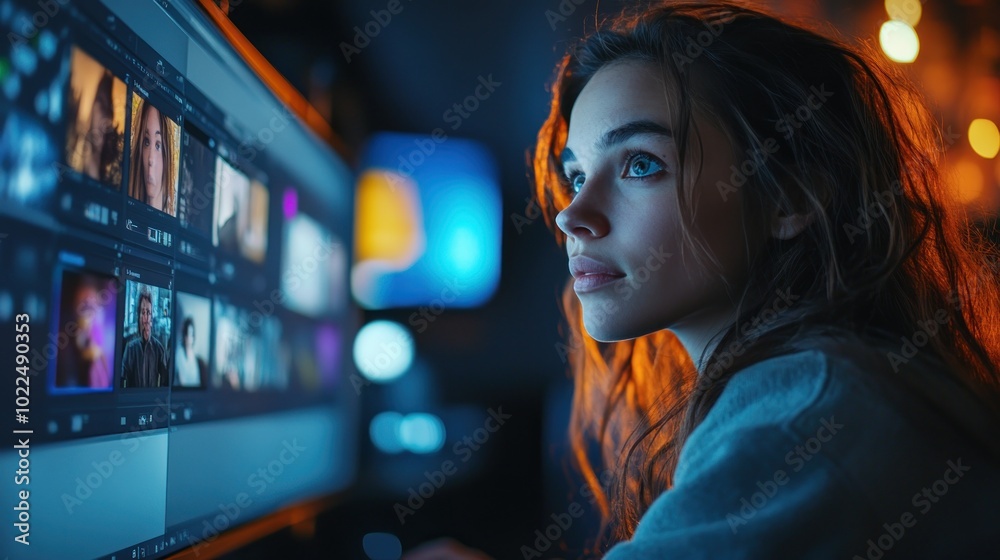 A thoughtful filmmaker engaged in reviewing footage on a monitor ...